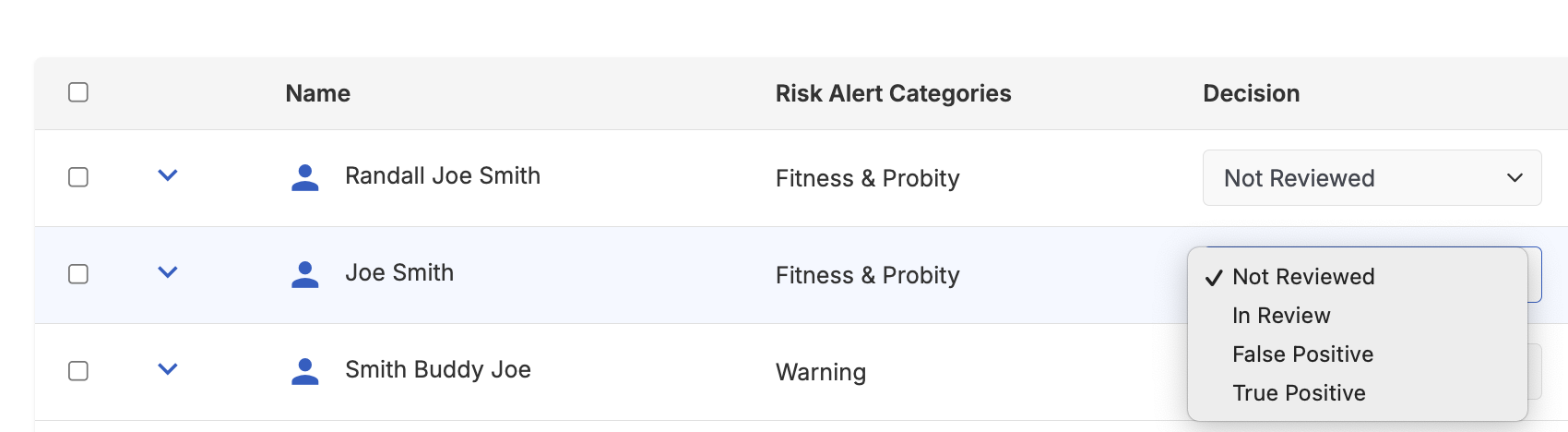 Sanctions and Watchlists Review Screening Report User Interface (UI)