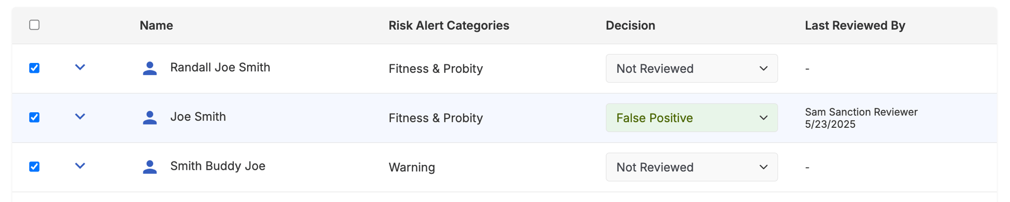Sanctions and Watchlists Review Screening Report User Interface (UI)