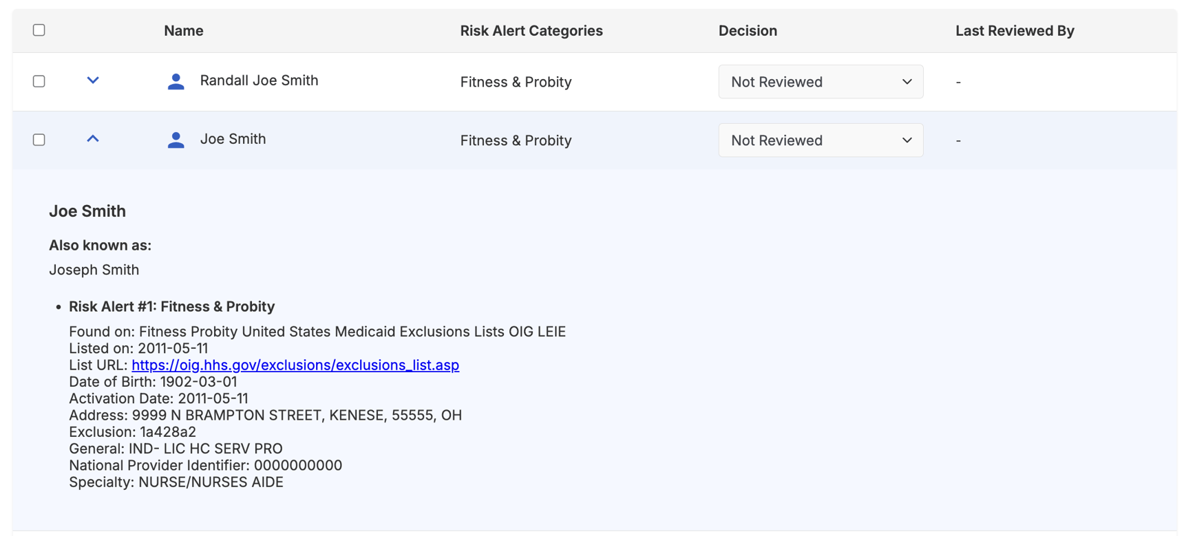 Sanctions and Watchlists Review Screening Report User Interface (UI)