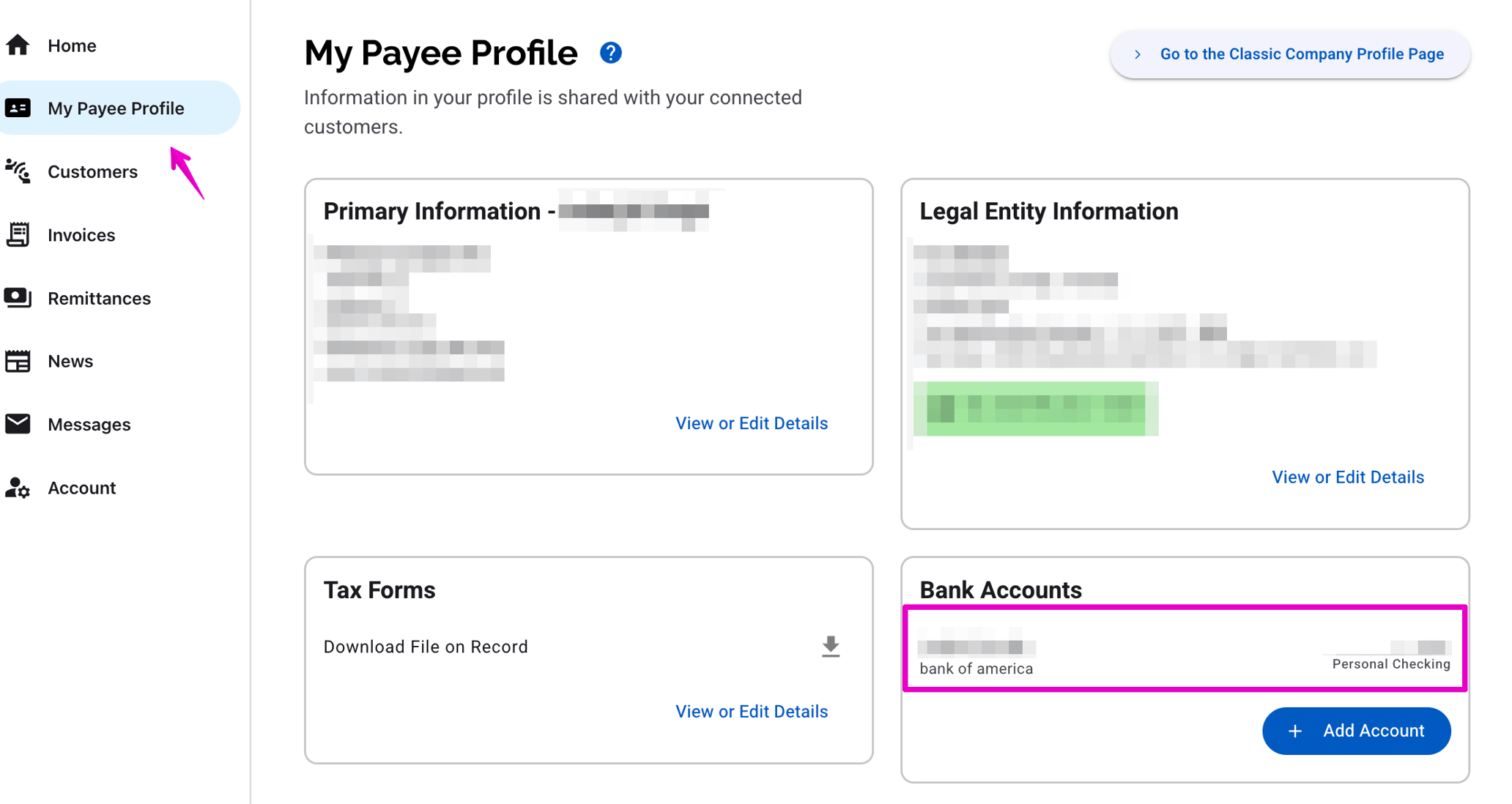 Editing Bank Account and Remittance Information